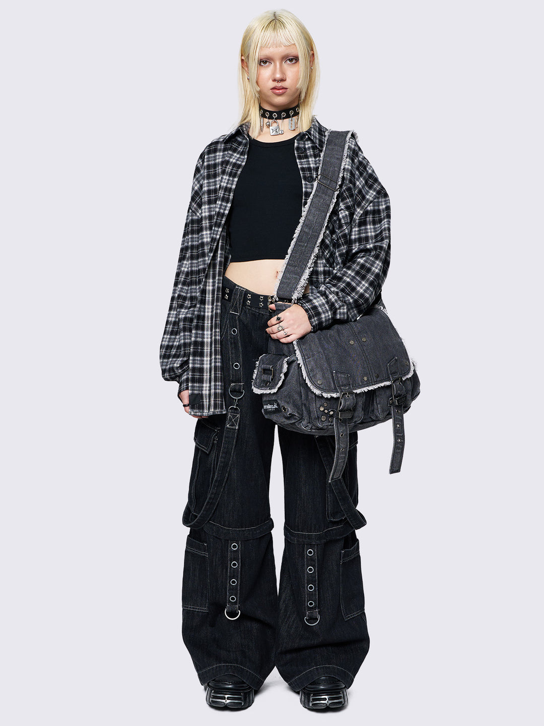 Black Wash Denim Shoulder Messenger Bag with Frayed Edges Black Wash Denim Shoulder Messenger Bag with Frayed Edges